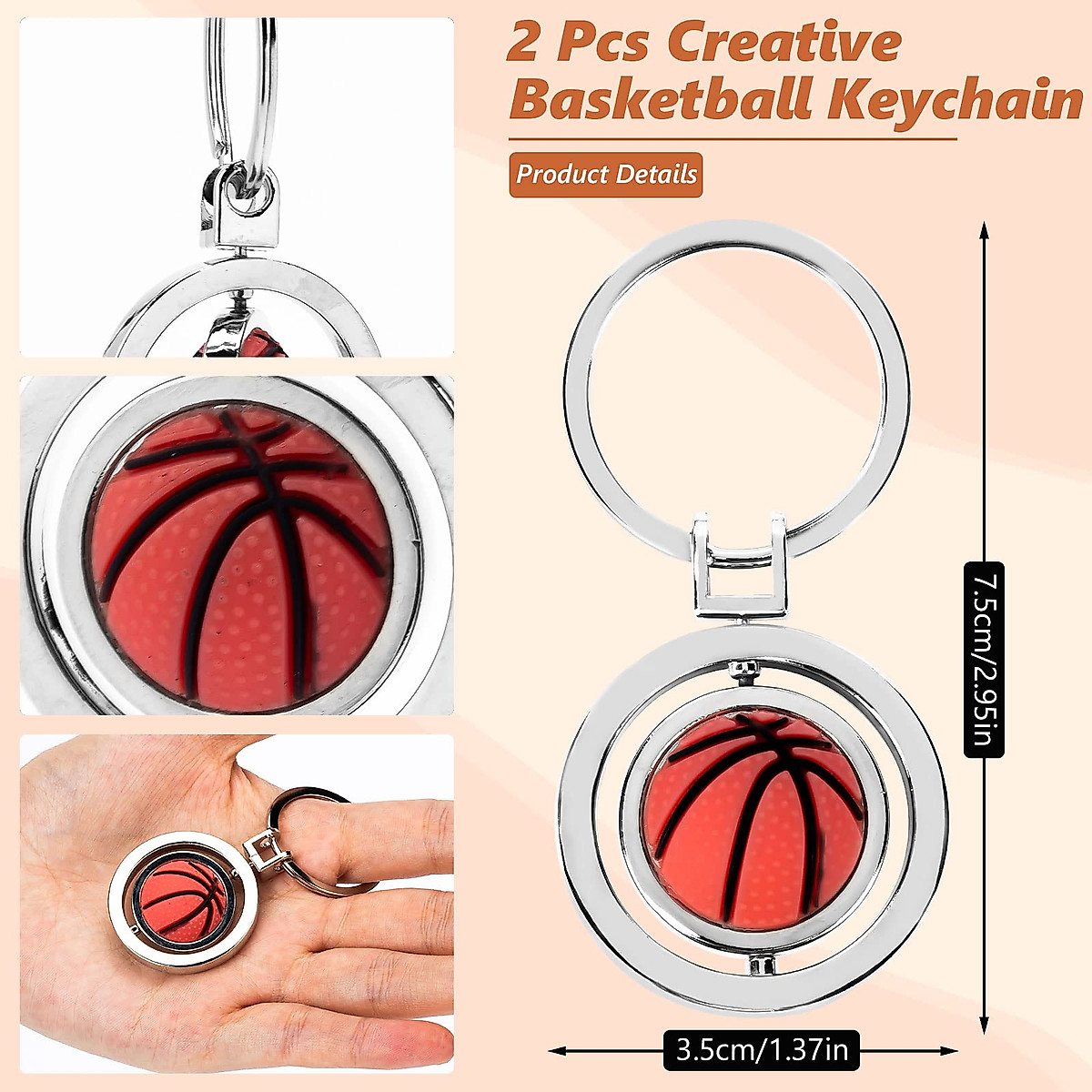 ISKYBOB 2 Pack Creative Rotating Basketball Keychain, Metal Pendant Key Ring Keyfob Gift