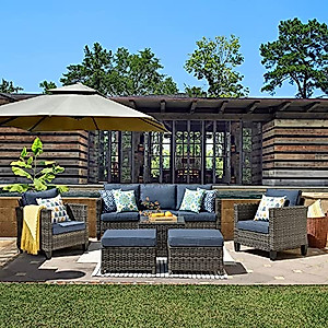 ovios Patio Furniture Sets 6 PCS High Back Outdoor Wicker Rattan Sofa Sectional Set with Coffee Table Garden Backyard Porch (Denim Blue-Grey)