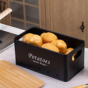 Simcat Kitchen Vegetable Storage Tins Set of 3, Potato Onion Garlic Kitchen Storage Canisters, Vegetable bin Keeper Containers with Aerating Holes and Wooden Lid (Black)