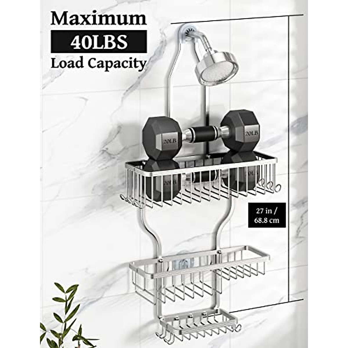 YASONIC Shower Caddy Over Shower Head Never Rust Aluminum Large Hanging Shower Caddy with 10 Hooks for Razor/Sponge - Over The Shower Head Caddy with Soap Basket - Hanging Shower Organizer Silver