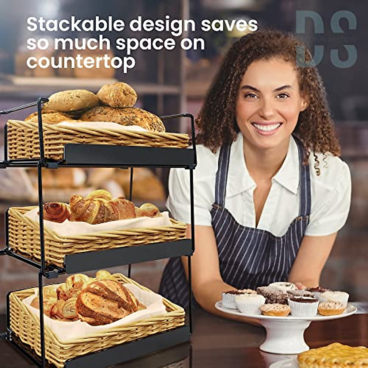 DS THE DISPLAY STORE 3 Tier Countertop Willow Basket Stand, Chalk Label & Removable Baskets, Retail Tower Storage Shelves Cookie Candy Display Rack