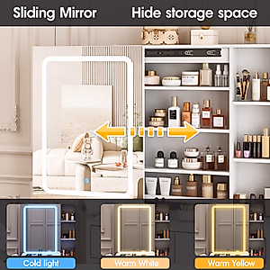 Makeup Vanity Desk with LED Lighted Sliding Mirror, Vanity Table with Jewelry Cabinet and 4 Drawers, Charging Station & Lots Storage Shelves, Adjustable Brightness, Dressing Table Cushioned Stool Set