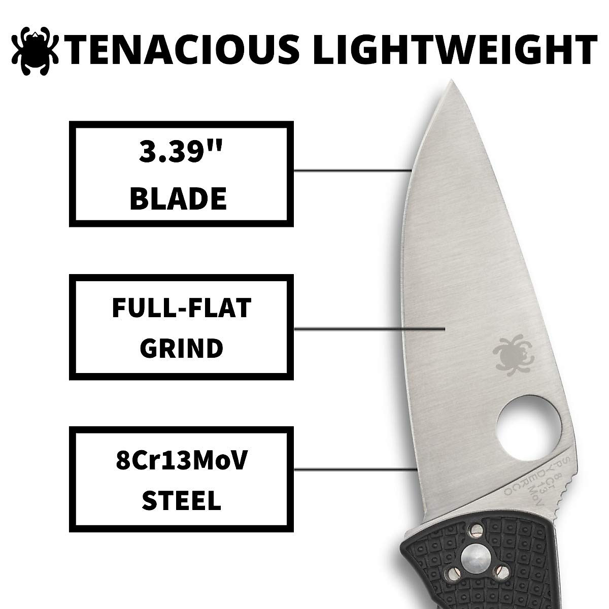 Spyderco Tenacious Lightweight Folding Utility Pocket Knife with 3.39" Stainless Steel Blade and Black FRN Handle - Everyday Carry - PlainEdge - C122PBK