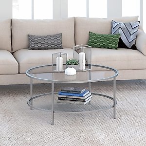 Henn&Hart 36" Wide Round Round Coffee Table with Glass Top in Nickel, Modern Round Coffee Tables for living room, studio apartment essentials