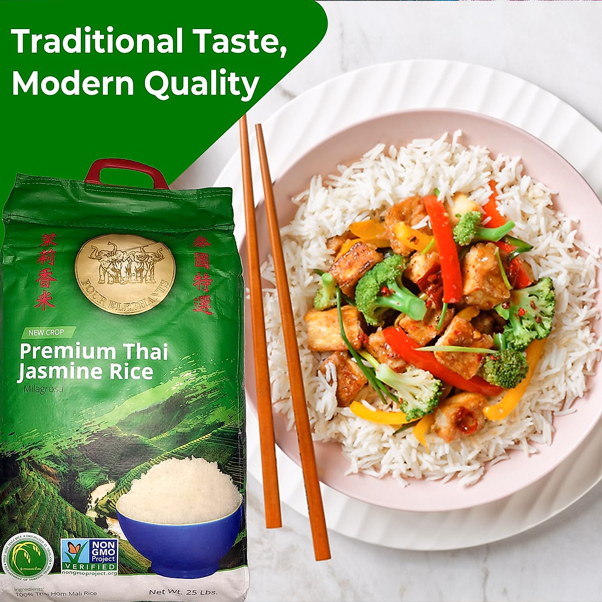 25 Pounds (LBS) Premium Thai Hom Mali Jasmine Rice | Endorsed By Pro Chefs | Four Elephants Brand | DIY Friendly Cooking Instructions Packaging