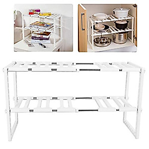2-Tier Under Sink Organizer, Kitchen Sink Caddy Organizer, Sink Rack Cabinet Organizer Storage Telescopic Shelf for Kitchen Bathroom, White