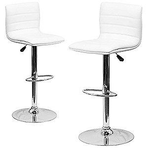 KLS14 Modern Barstools Horizontal Line Design Hydraulic Adjustable Height 360-Degree Swivel Seat Sturdy Steel Frame Chrome Base Dining Chair Bar Pub Stool Home Office Furniture - Set of 2 White #1980