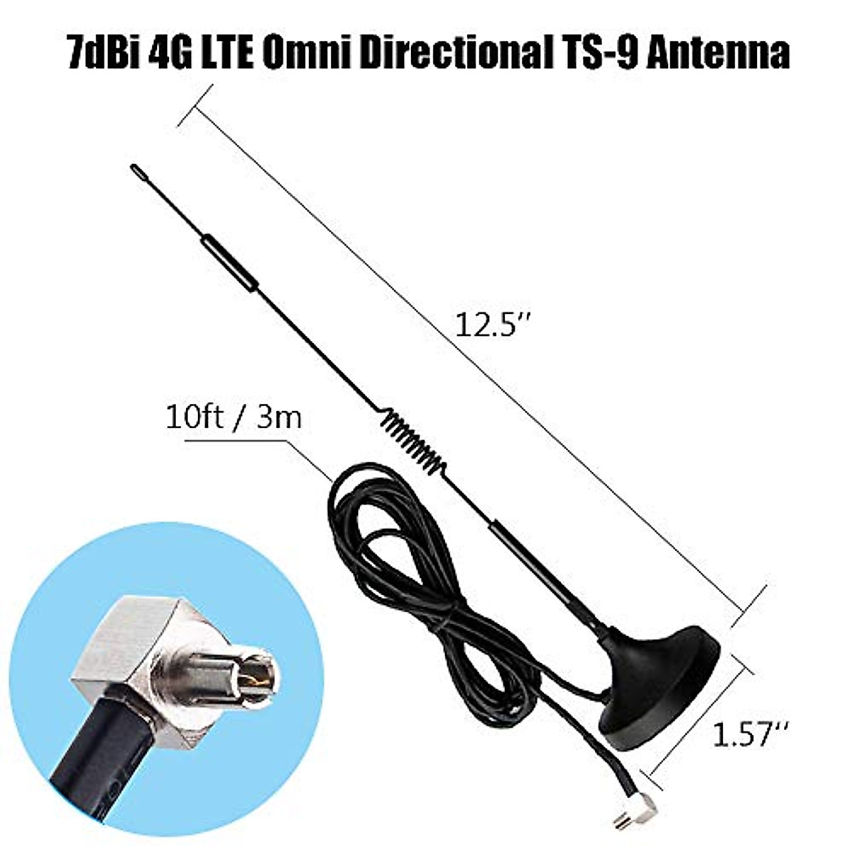 TS9 Antenna 7DBi 4G LTE CPRS GSM 3G 2.4G WCDMA Omni Directional Antenna with Magnetic Stand Base 10ft Extension Cable for WiFi Router Mobile Broadband Outdoor Signal Booster
