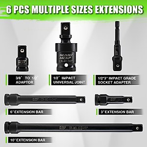 SUNHZ MCKP 20 PCS 1/2" Impact Socket Set, Drive Deep 6 Point Socket Set, Including Standard SAE Sockets (3/8" to 1-1/4"), 3 ", 6", 10" Impact Extension Bar and Drill Socket Adapter, Cr-MO
