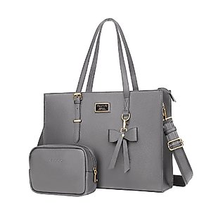 MOSISO Laptop Bag for Women Compatible with MacBook Air 15 inch M2 A2941/Pro 16 inch M3 M2 M1, 15-15.6 inch Notebook, PU Leather Travel Work Tote bag with Detachable Bowknot & Small Purse, Gray