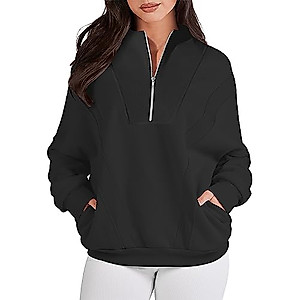 Caracilia Womens Half Zip Sweatshirts Long Sleeve Oversized Cute Hoodies Teen Girls Y2K Fall Winter Trendy Quarter Zip Loose Fit Outfits Sweater 2023 Fall Fashion C115A1-heise-XL Black