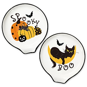 Whaline 2Pcs 4.7inch Halloween Ceramic Spoon Rest Spooky Pumpkin Black Cat Small Coffee Spoon Holder for Coffee Stirrers Teaspoon Bar Spoon Coffee Station Bar Accessories