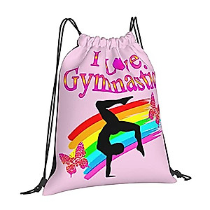 KENT HILL Pink I Love Gymnastics Design Pattern Print Drawstring Backpack.for Gym Shopping Sport Yoga.