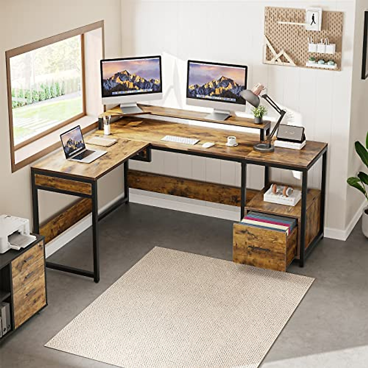 YITAHOME L Shaped Desk with File Drawer, 65" Large Computer Desk Corner Desk with Lift Top, Standing Desk Height Adjustable with Monitor Stand & Storage Shelves for Home Office, Rustic Brown