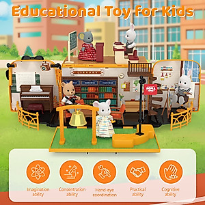 Kids Dollhouse Playset - Portable School Bus Doll House Toys with 46 Furniture Accessories and Critter Animal Doll, Toddler Pretend Play Educational Car Toys for Boys Girls Birthday Gift Ages 4 5 6