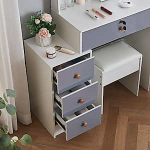 Logimiz Vanity Desk with Mirror and Lights, Makeup Vanity Table with 3 Color and Brightness Adjustable, Girls Makeup Vanity with Stool and Drawers for Bedroom