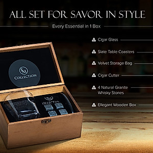 EMCOLLECTION Whiskey Glasses With Indented Cigar Holder | Cigar Cutter v-Cut | Wiskey Stones | Whiskey Gifts | Whiskey Glasses with Cigar Holder | Christmas Gifts for Cigar Lovers, Papa, Boss, Uncle