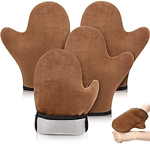 SATINIOR 4 Packs Self Tanning Mitt Applicators Double Sided Sunless Tanning Mittens Reusable Applicator Mittens Tanner Gloves with Thumb(Brown)