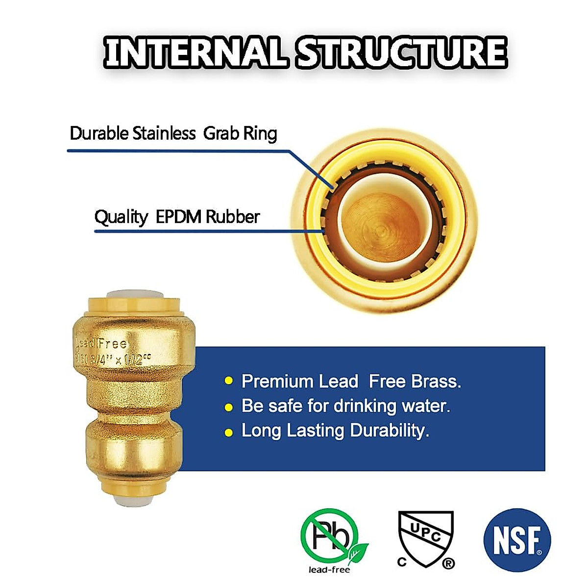 HQMPC 1/2"x3/4" Push Fit PEX Fittings Straight Coupling, Push-to-Connect Copper, CPVC, Brass, 6PCS