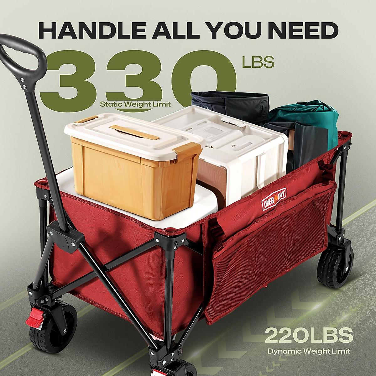 Overmont Collapsible Wagon Cart with Wheels - Foldable Heavy Duty Wagon with Big All-Terrain Wheels - 330Lbs Weight Capacity with Side Pockets for Camping Sports Garden Grocery Shopping red