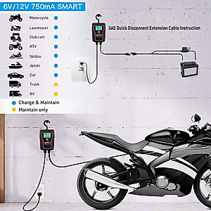 Automotic Battery Trickle Charger Maintainer 12 Volt 750mA Battery Float Charger Maintainer with LCD Float Charging for Motorcycle ATV Lawn Mower Car Boat