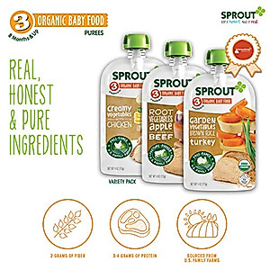 Sprout Organic Baby Food, Stage 3 Pouches, Root Veg & Beef, Creamy Veg & Chicken, Garden Veg & Turkey Variety Pack, 4 Oz Purees (Pack of 18)