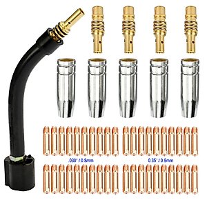 Amico MIG130-050, 50 Pcs MIG Wire Feeder Welder Consumables, 20-pcs .030” Tip, 20-pcs 0.35” Tip, 5-pcs Nozzle, 5-pcs Tip Holder and Swan Neck.