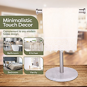 Homeries Marble Hand Towel Holder - Stainless Steel Towel Stand with Round Marble Base - Modern T-Shape Hand Towel Valet for Bathroom, Vanity Top Towel Stand, Counter Towel Bar, Jewelry Rack