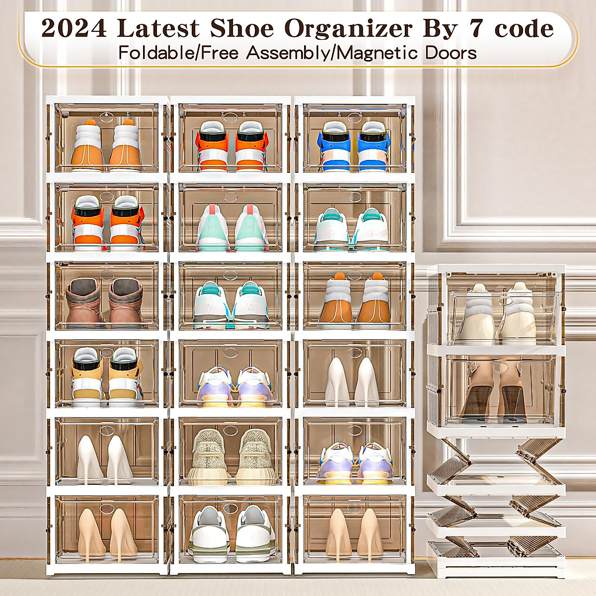 Shoe Box Organizer 6-Tier- No-Assembly, One-Piece Design, Magnetic Clear Doors, Compact Foldable & Space-Saving, Ideal for Sneaker Display & Everyday Footwear, Dimensions 11.3"x15"x45.7" - Clear White
