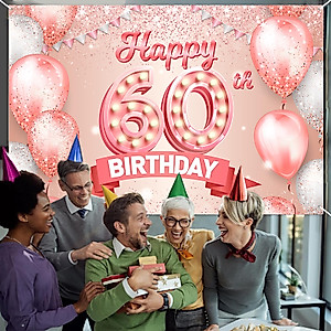 Happy 60th Birthday Rose Gold Banner Cheers to 60 Years Old Backdrop Confetti Balloons Theme Decor Decorations for Women 60 Years Old Pink Birthday Party Supplies Bday Background Favors Gift Glitter