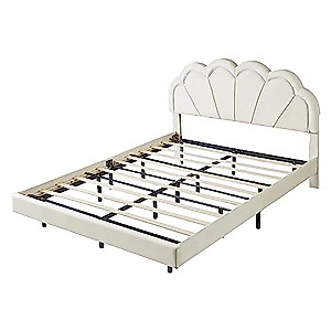 LED Floating Bed Frame Queen Size, Upholstered Platform Bed with Shell Shaped Headboard, Modern Velvet Cloud Beds with Light for Kids Girls Boys Teens Adults, No Box Spring Needed, Beige