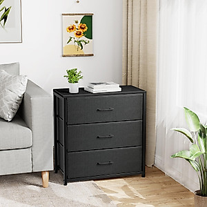 Memobarco Nightstand with 3 Drawers for Bedroom, Storage Dresser with Fabric Drawers and Metal Frame for Closet, Living Room, Bedside Table with Wood Top, Easy Pull Handle, Black