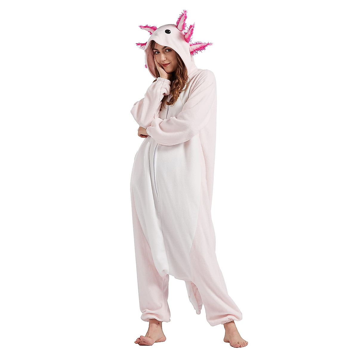 DELEY Unisex Pink Axolotl Onesie Adult Pajamas Halloween Cosplay Costume Animal Jumpsuit Homewear Sleepwear