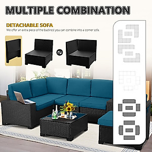 12 Piece Modular Wicker Outdoor Patio Sectional Furniture Sofa Set w/ Cushion, Outdoor Conversation Couch Set with Sloping Backrest and Wide Arm for Patio, Garden(Black Frame / Peacock Blue Cushion)