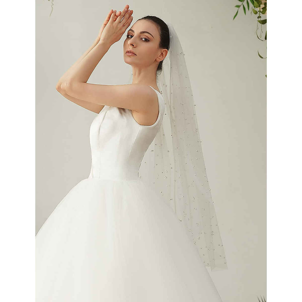 ELAWBTY Womens 1 Tier Fingertip Length Pearl Wedding Bridal Veil With Comb X06 Ivory