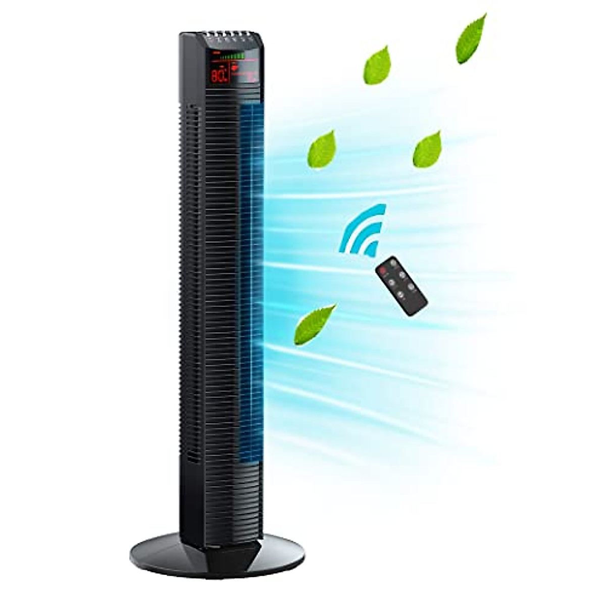 Tower Fan, Whole Room Wind Curve Oscillating Tower Fan with Remote Control, 3 Modes, 12H Timer, LED Display with Auto Screen Off, Low Noise Floor Bladeless Fan for Bedroom, Study or Office Use, black