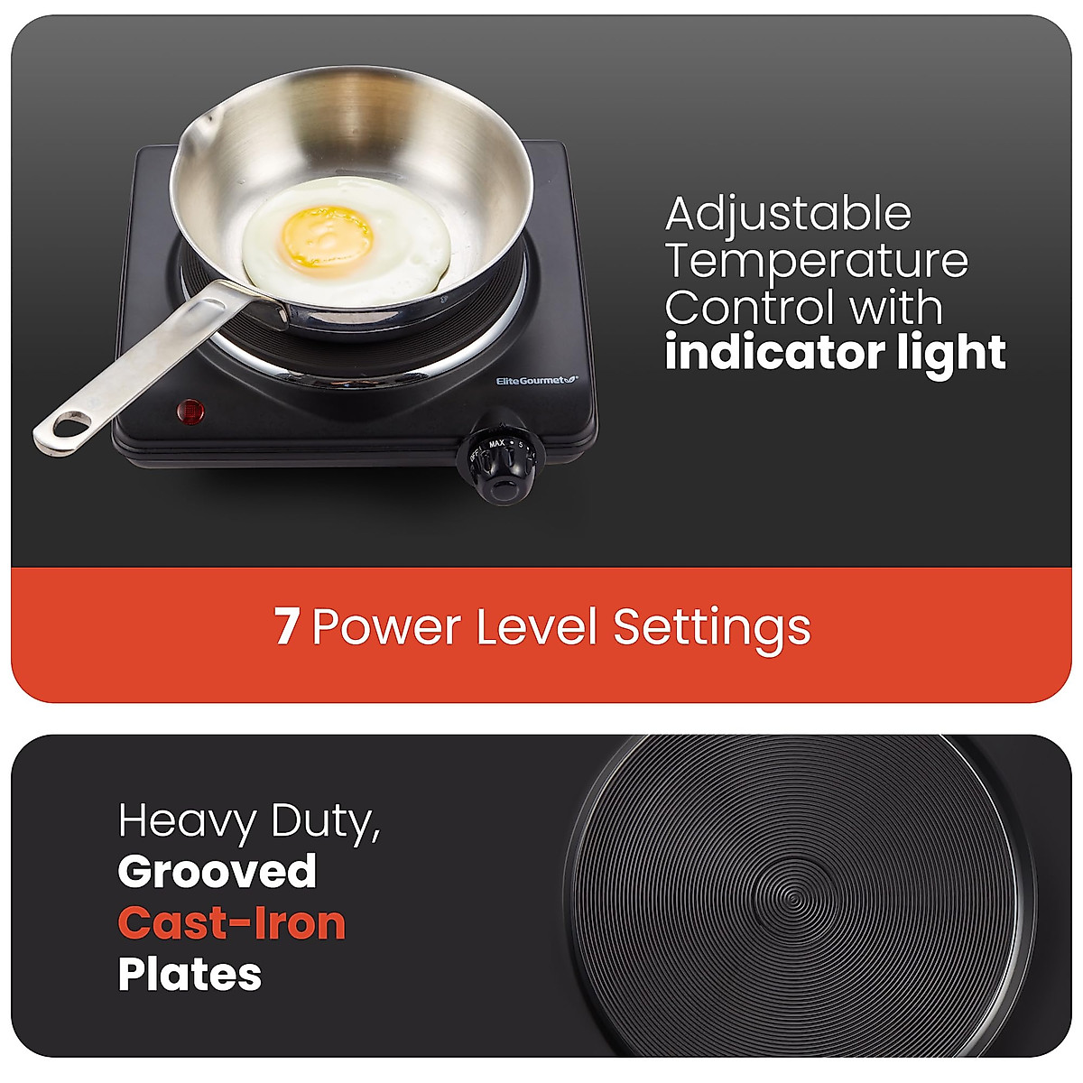 Elite Gourmet ESB-301BF Countertop Single Cast Iron Burner, 1000 Watts Electric Hot Plate, Temperature Controls, Power Indicator Lights, Easy to Clean, Black