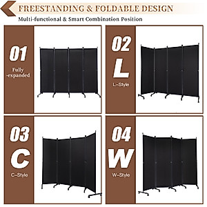 Room Divider Folding Privacy Screens with Wheels, 6FT Tall Divider for Room Separation, Movable Room Partitons and Dividers, Indoor Room Dividers Panel with Fabric for Office (Black, 4 Panel-88‘’)