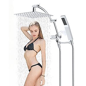 Hibbent All Metal 10'' Rainfall Shower Head, Square Shower Head Combo, High Pressure Handheld Shower Wand, 16'' Adjustable Arc-shaped Shower Extension Arm, 71'' Hose, 2 Showerhead Holders, Chrome
