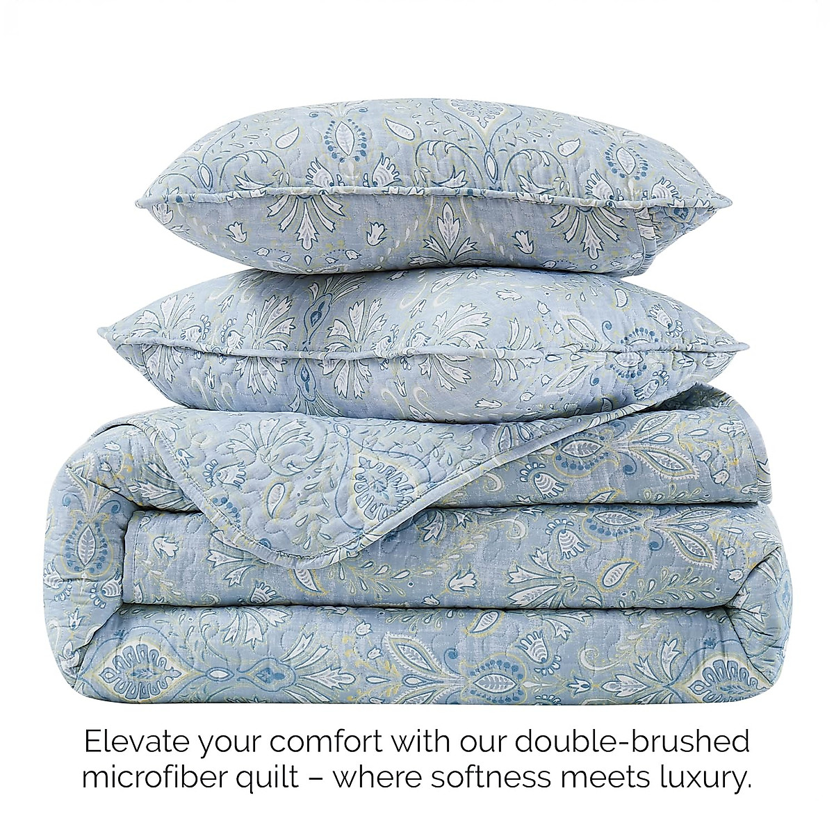 Southshore Fine Living, Inc. Boho Quilt Set, Lightweight Bedspread, Summer Coverlet, 3-Piece Paisley Bedding Set with Two Matching Pillow Shams, California/King Quilts, Blue Paisley