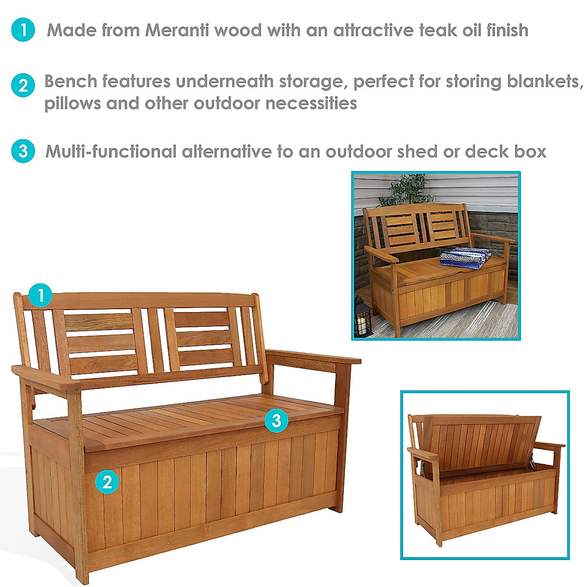 Sunnydaze 51-Inch Meranti Wood Outdoor Storage Bench with Teak Oil Finish