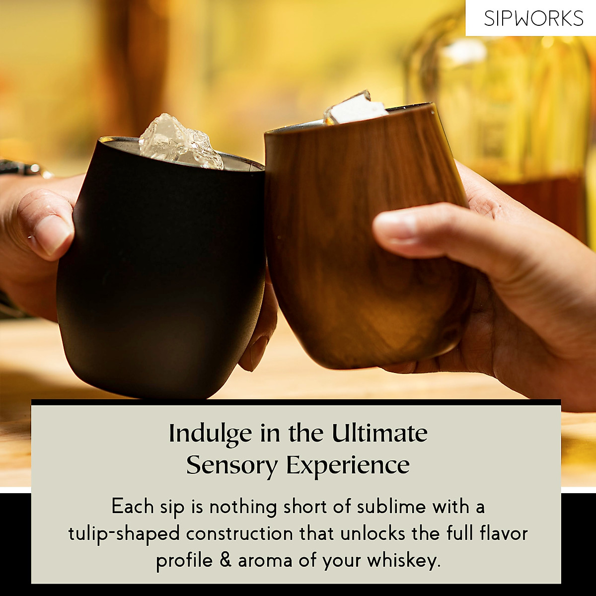 Sipworks Whiskey Tumbler - 8 oz Stainless Steel Tumbler with Double Walled Vacuum Insulation - Dishwasher Safe, Spill Resistant, Insulated Whiskey Tumbler for Travel & Parties - Mahogany