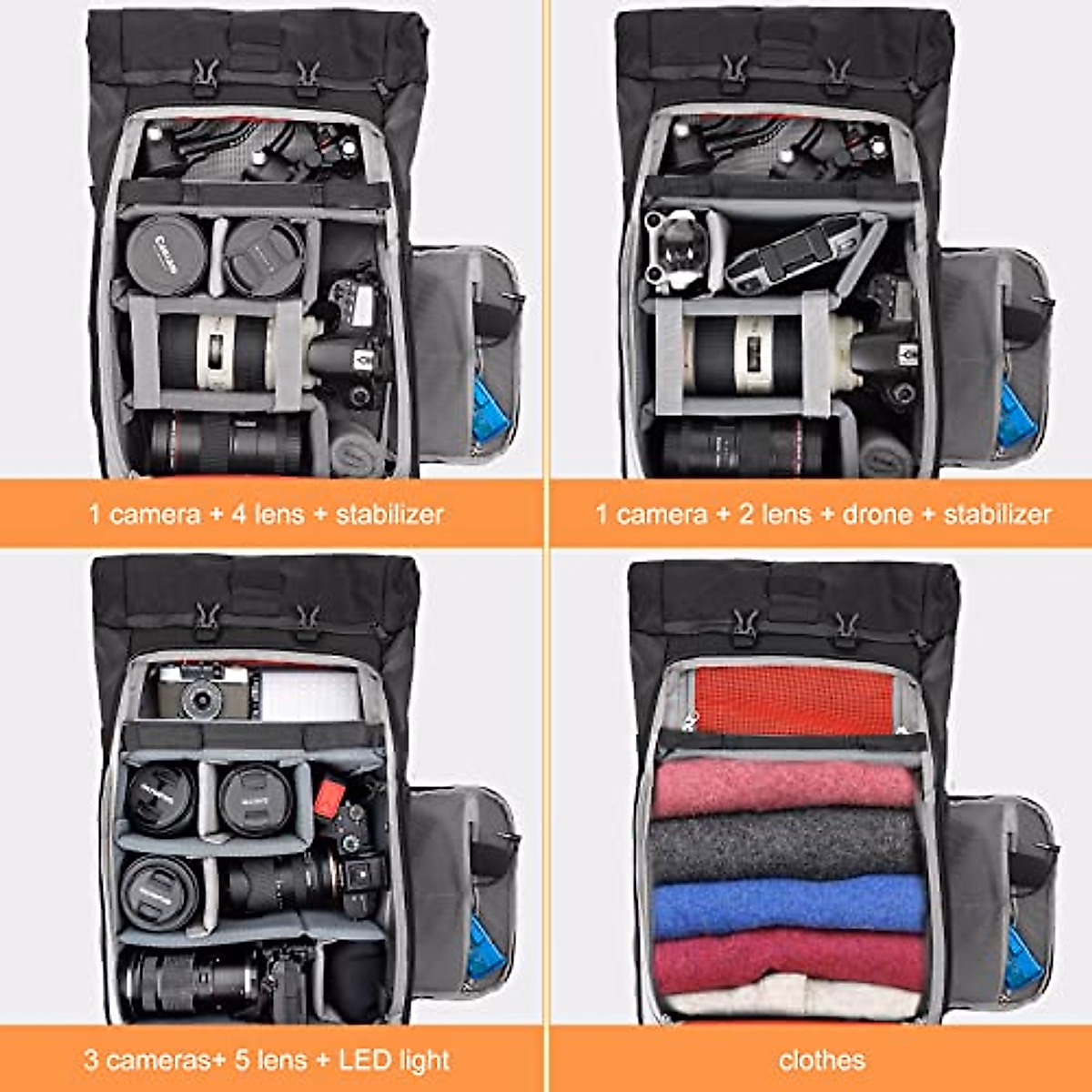Besnfoto Camera Backpack Waterproof, Photography Bag Roll Top for DSLR SLR Mirrorless Camera with Laptop Compartment Tripod Holder Large Capacity for Hiking Travel Men