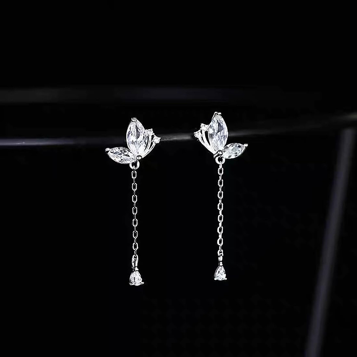 SLUYNZ 925 Sterling Silver CZ Butterfly Dangle Earrings Droplet Chain for Women Teen Girls Pretty Butterfly Drop Earrings Tassel(A-Platinum Plated)