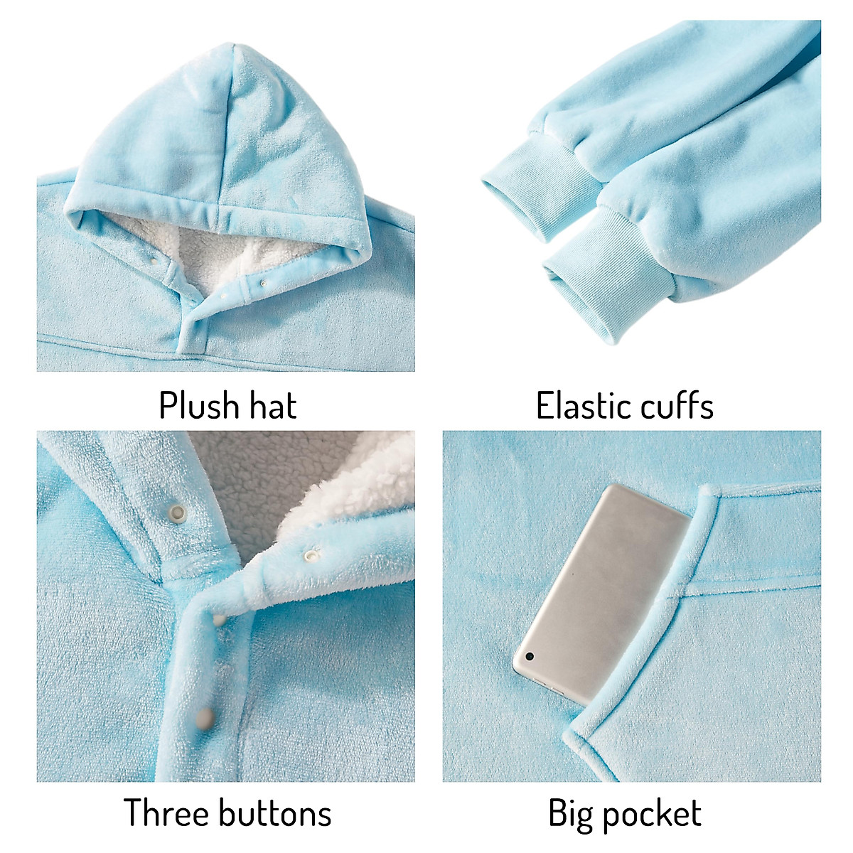 Degrees of Comfort Wearable Blanket Hoodie for Kids, Sherpa Lined Hooded Blankets Sweatshirt with Pockets, Sky Blue, One Size Fits All, 30x28 Inch
