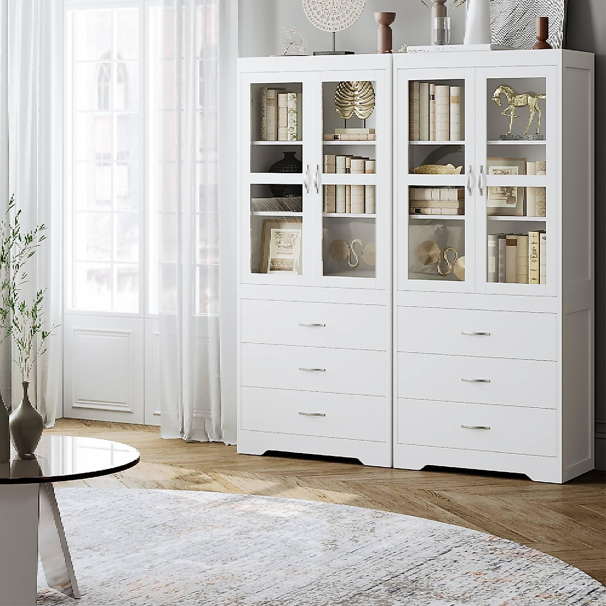 FOTOSOK White Kitchen Pantry Cabinet, 67’’ Tall Storage Cabinet with 2 Tempered Glass Doors, Modern Kitchen Cupboard, Bathroom Storage with 3 Shelves and 3 Drawers for Home Office