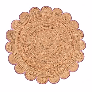 4x4, 5x5, 6x6, Natural Jute Scallop Round Rug, Floor Pink Scalloped Edge Rug Braided Boho Eco Large Circular Handmade Area Rugs (4x4 FT)