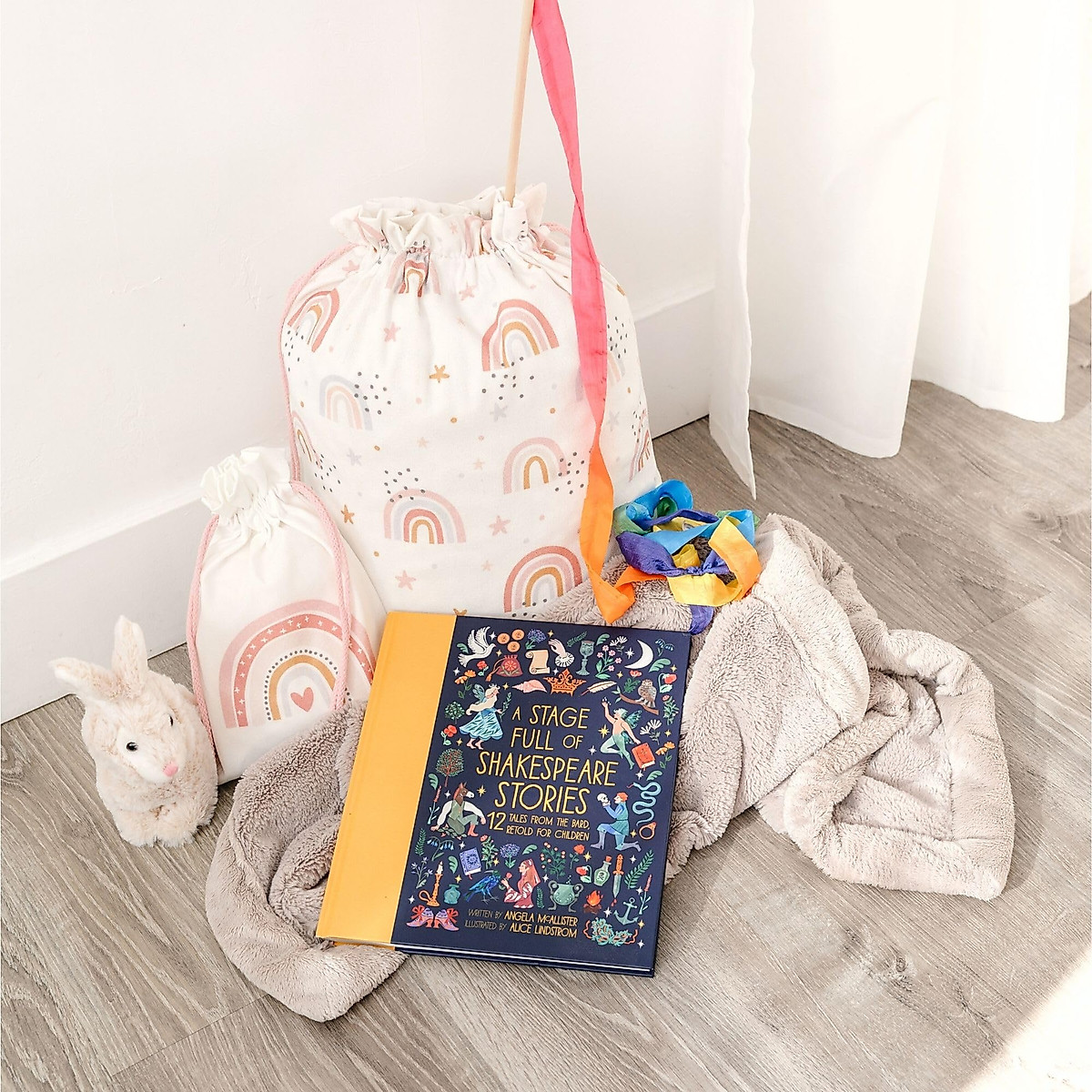 Gather & Knot Drawstring Gift Bags | 20" Large 12" Small | Premium Canvas | Reusable Fabric Wrap for Baby Shower or Girl Birthday | Rainbow