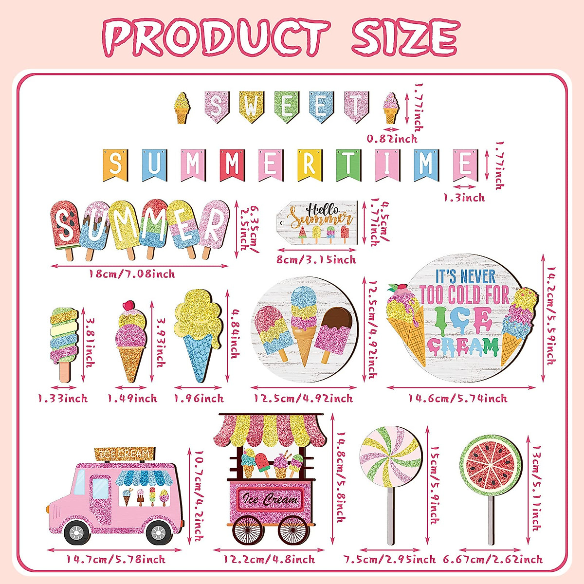 11 Pcs Ice Cream Party Tiered Tray Decor Ice Cream Party Decorations Supplies Wooden Signs for Summer Home Summer Farmhouse Cream Tiered Tray Decor (Ice Cream Style)