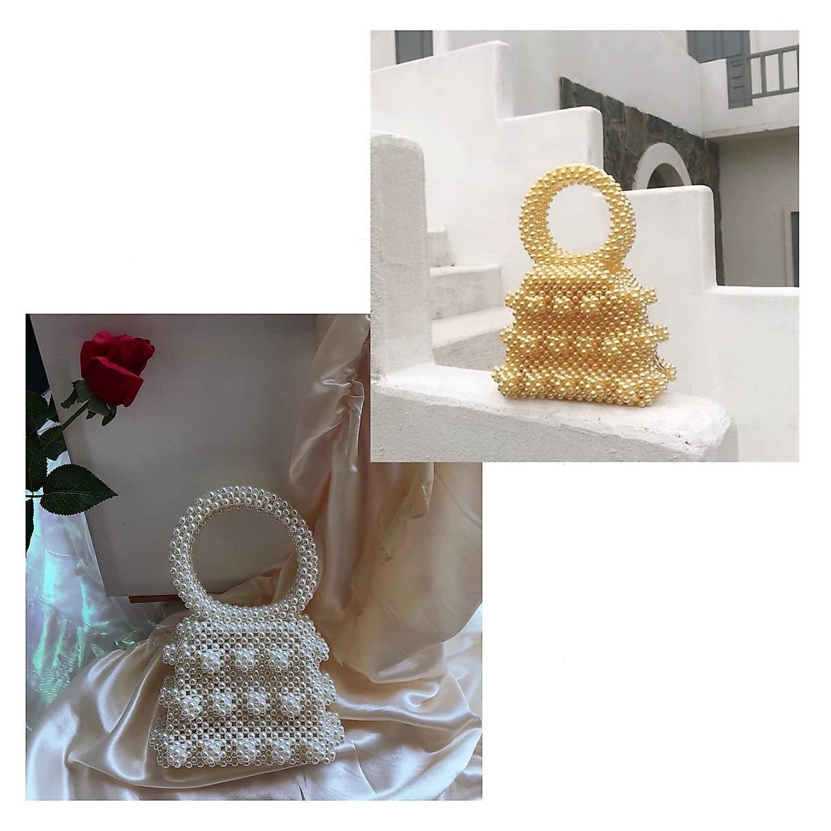 YUSHINY Women Acrylic Beaded Ladder Evening HandBag Box with Zipper Closure for Wedding Party (Black)